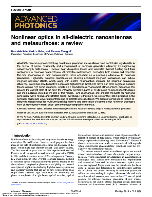 (PDF) Nonlinear optics in all-dielectric nanoantennas and metasurfaces ...