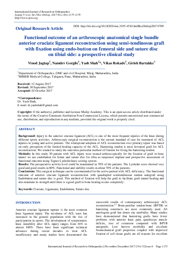 (PDF) Functional outcome of an arthroscopic anatomical single bundle anterior Cruciate Ligament ...