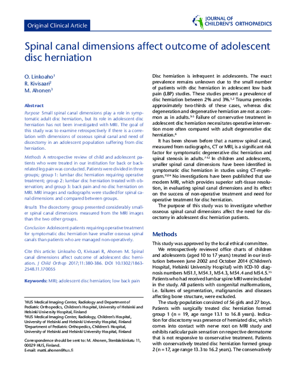 (PDF) Spinal canal dimensions affect outcome of adolescent disc herniation