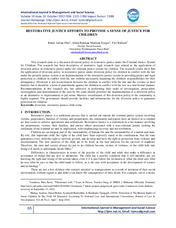 (PDF) RESTORATIVE JUSTICE EFFORTS TO PROVIDE A SENSE OF JUSTICE FOR CHILDREN