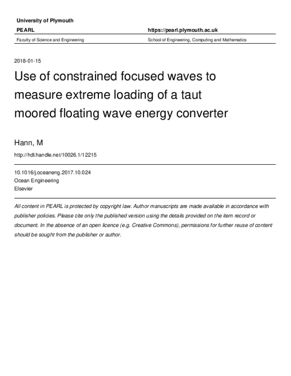 (PDF) Use of constrained focused waves to measure extreme loading of a taut moored floating wave ...