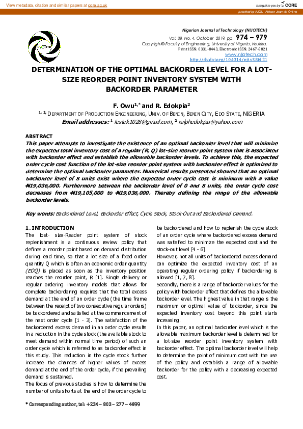 (PDF) Determination of the optimal backorder level for a lot-size reorder point inventory system ...