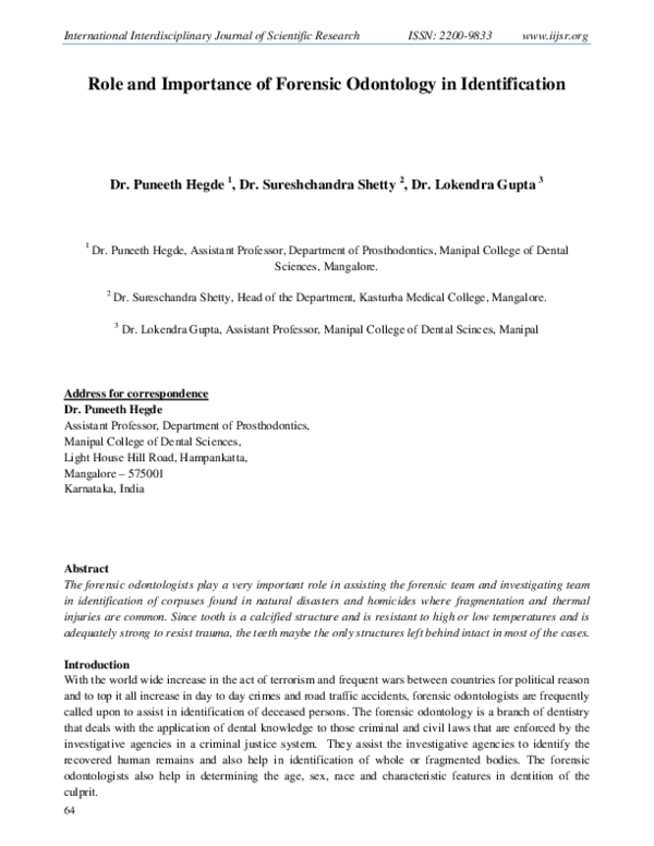 (PDF) Role and importance of forensic odontology in identification