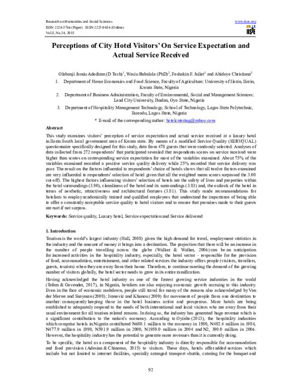 (PDF) Perceptions of City Hotel Visitors’ On Service Expectation and ...
