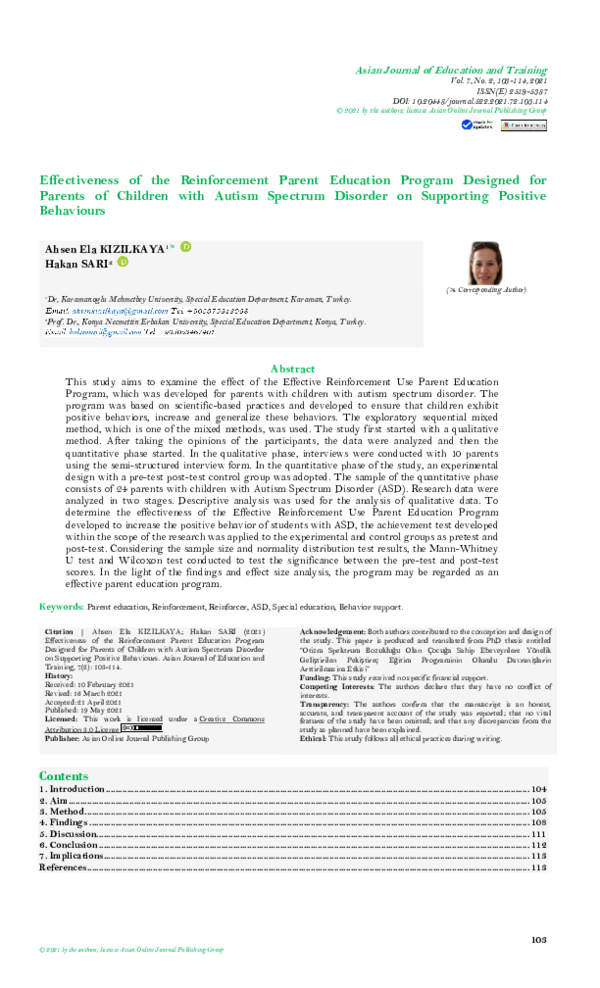 (PDF) Effectiveness of the Reinforcement Parent Education Program Designed for Parents of ...