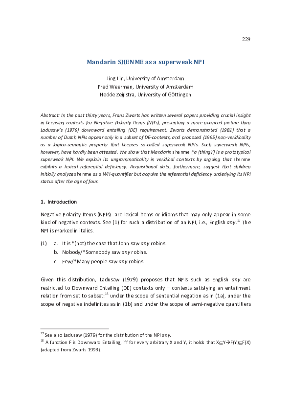 (PDF) Mandarin SHENME as a superweak NPI
