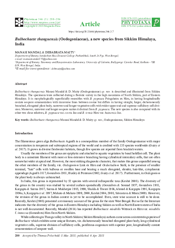 (PDF) Bulbochaete thanguensis (Oedogoniaceae), a new species from ...