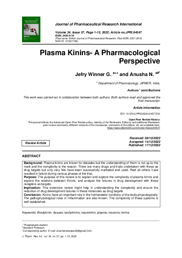 (PDF) Plasma Kinins- A Pharmacological Perspective