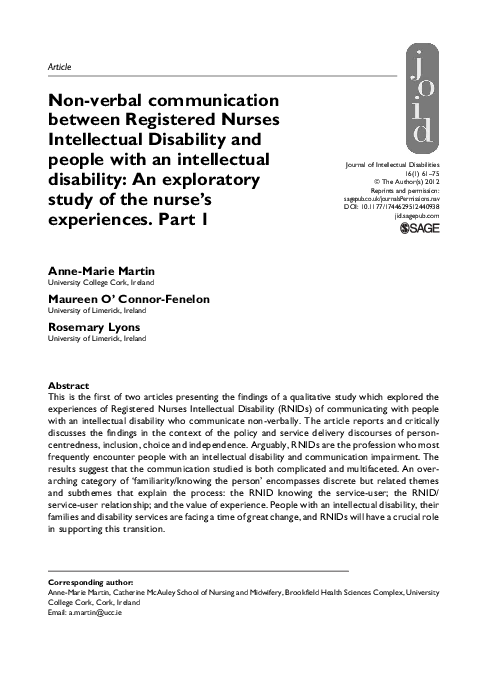 (PDF) Non-verbal communication between Registered Nurses Intellectual Disability and people with ...