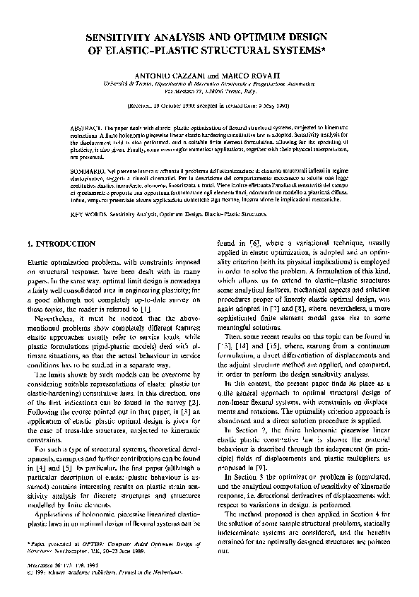 (PDF) Sensitivity analysis and optimum design of elastic-plastic structural systems