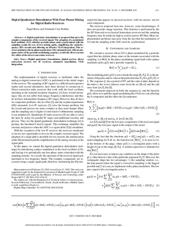 (PDF) Digital quadrature demodulator with four phases mixing for digital radio receivers