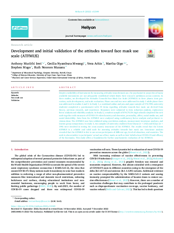 (PDF) Development and initial validation of the attitudes toward face mask use scale (ATFMUS)