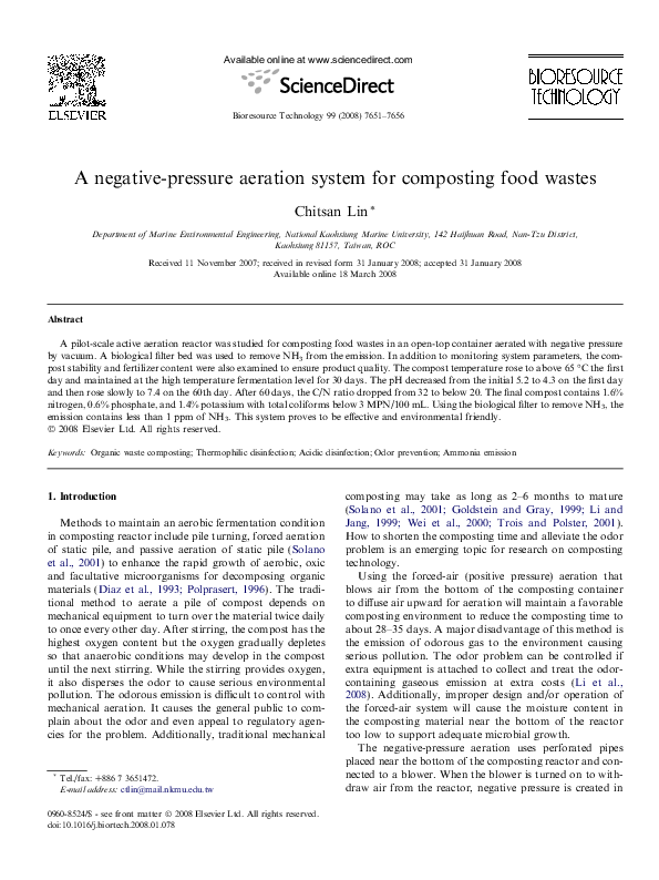 (PDF) A negative-pressure aeration system for composting food wastes