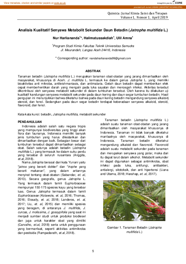 (PDF) Analisis Kualitatif Senyawa Metabolit Sekunder Daun Betadin (Jatropha multifida L.)