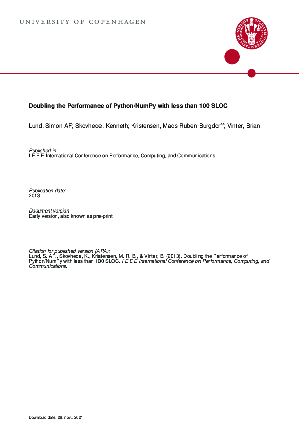 Pdf Doubling The Performance Of Pythonnumpy With Less Than 100 Sloc