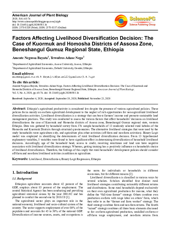 (PDF) Factors Affecting Livelihood Diversification Decision: The Case ...