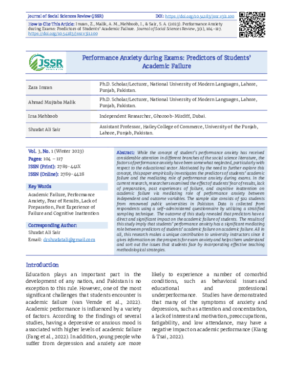 (PDF) Performance Anxiety during Exams: Predictors of Students ...
