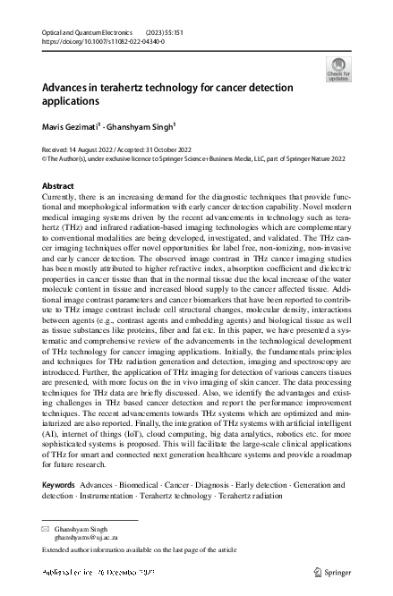 Pdf Advances In Terahertz Technology For Cancer Detection Applications