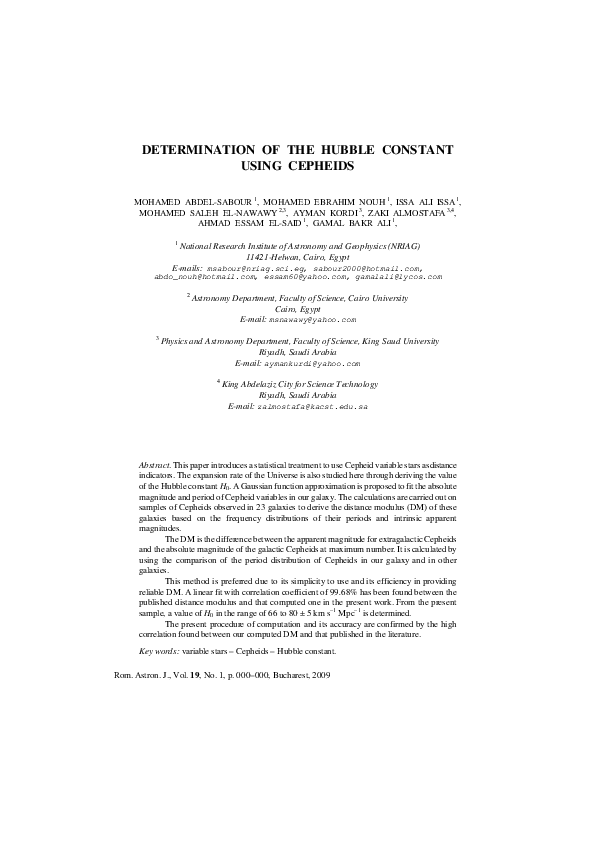 (PDF) Determination of the Hubble Constant Using Cepheids