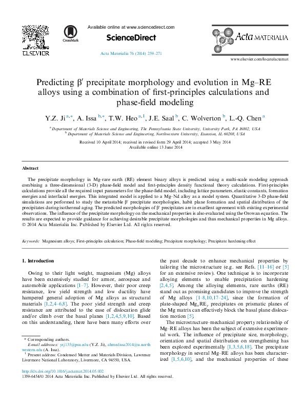 (PDF) Predicting β′ precipitate morphology and evolution in Mg–RE alloys using a combination of ...