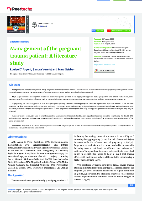 (PDF) Management of the pregnant trauma patient: A literature study