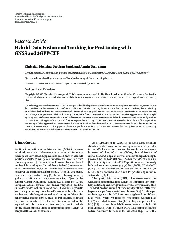 (PDF) Hybrid Data Fusion and Tracking for Positioning with GNSS and 3GPP-LTE