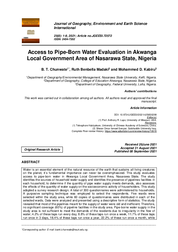(PDF) Access to Pipe-Born Water Evaluation in Akwanga Local Government ...