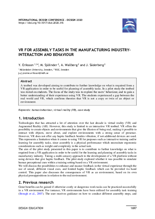 (PDF) VR for Assembly Tasks in the Manufacturing Industry – Interaction ...