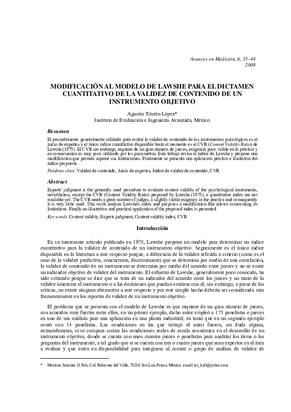(PDF) Modificación al modelo de Lawshe para el dictamen cuantitativo de ...