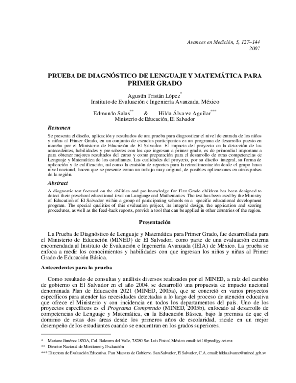 (PDF) Prueba de diagnóstico de lenguaje y matemática para primer grado