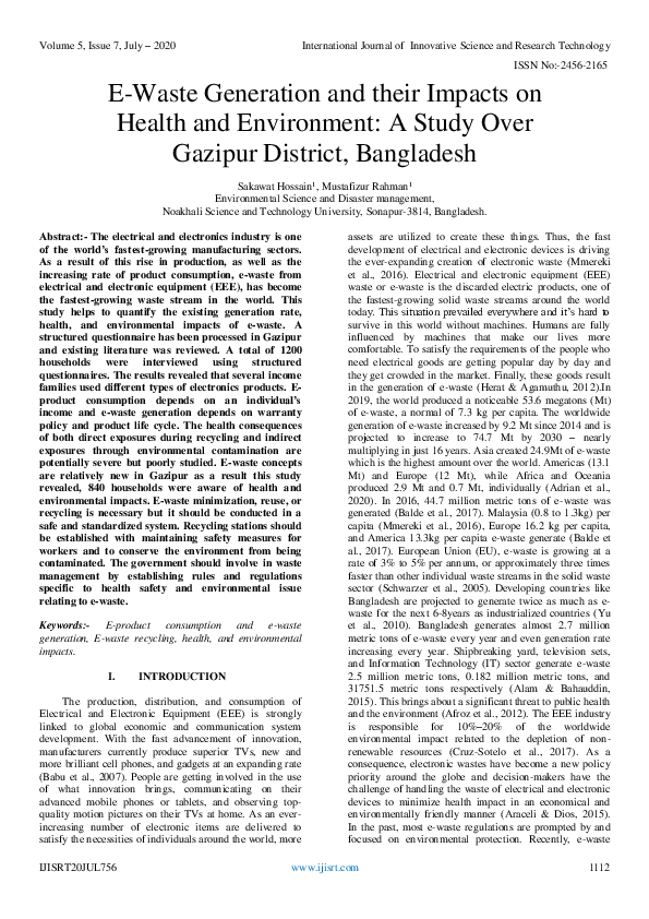 (PDF) E-Waste Generation and their Impacts on Health and Environment: A ...