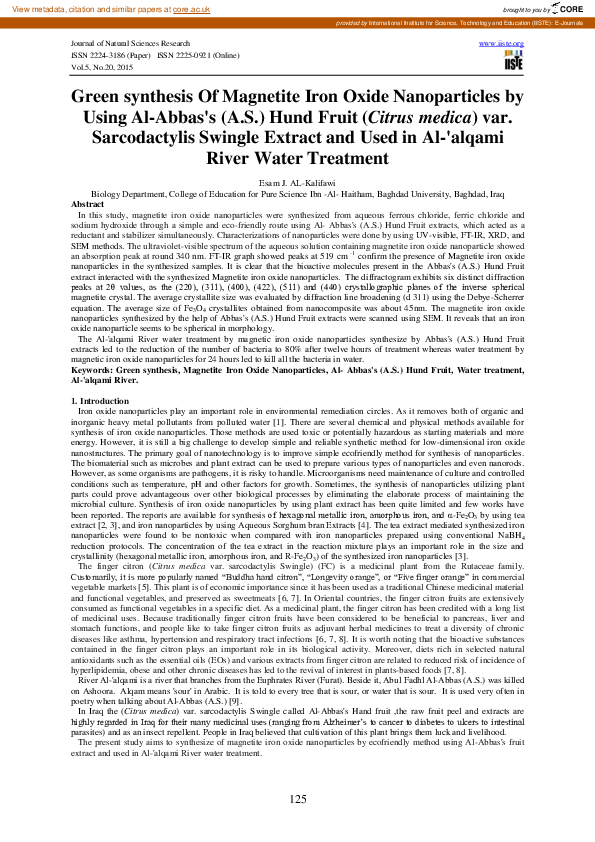 (PDF) Green synthesis of Magnetite Iron Oxide Nanoparticles by Using Al-Abbas's (A.S.) Hund ...
