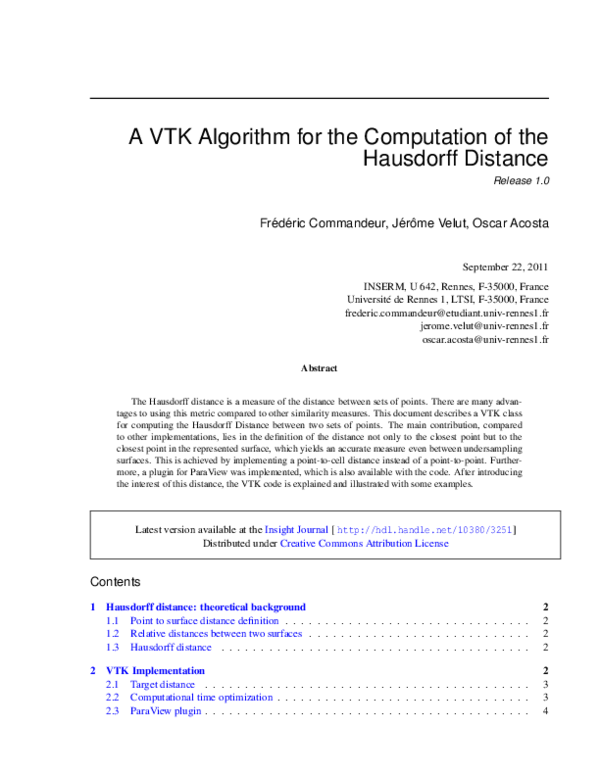 (PDF) A VTK Algorithm for the Computation of the Hausdorff Distance