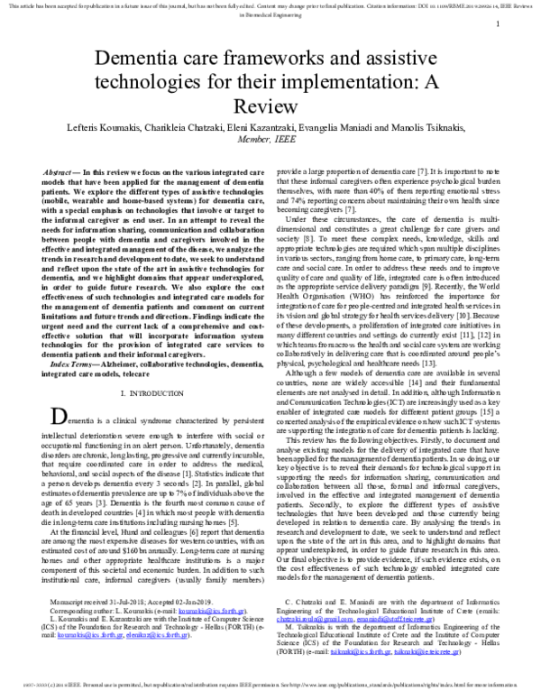 (PDF) Dementia Care Frameworks and Assistive Technologies for Their ...