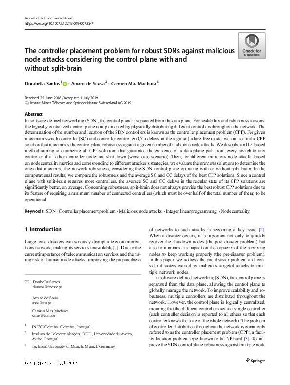 (PDF) The controller placement problem for robust SDNs against malicious node attacks ...