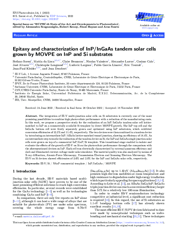 (PDF) Epitaxy and characterization of InP/InGaAs tandem solar cells ...