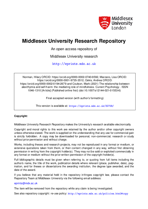 The relationship between alexithymia and self-harm: The mediating role ...