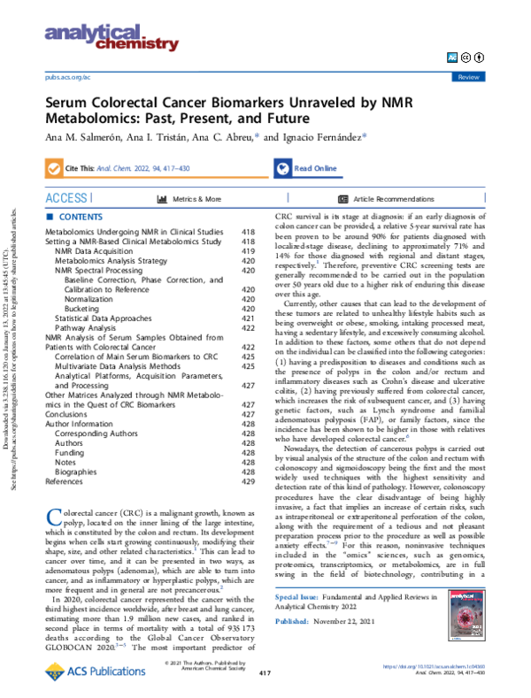 (PDF) Serum Colorectal Cancer Biomarkers Unraveled by NMR Metabolomics ...
