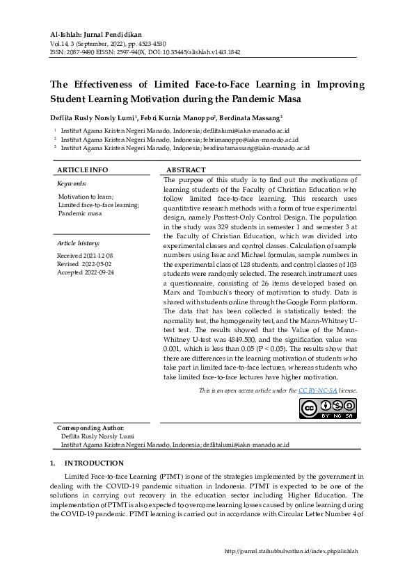 (PDF) The Effectiveness of Limited Face-to-Face Learning in Improving Student Learning ...