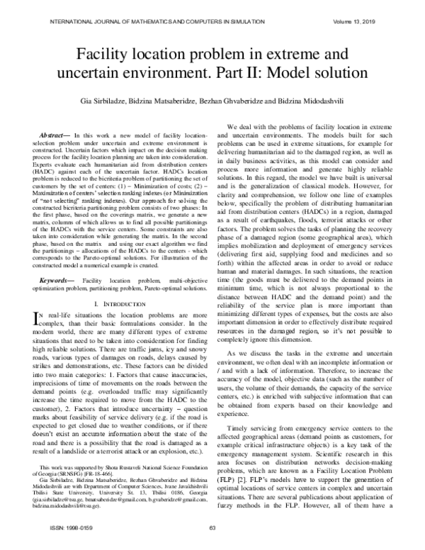 (PDF) Facility location problem in extreme and uncertain environment . Part II : Model solution