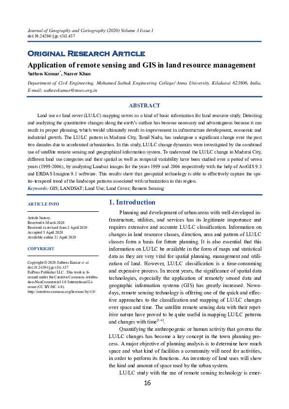 Pdf Application Of Remote Sensing And Gis In Land Resource Management