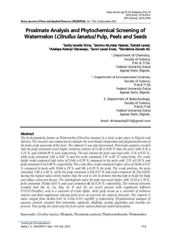 (PDF) Proximate analysis and phytochemical screening of watermelon (citrullus lanatus) pulp ...