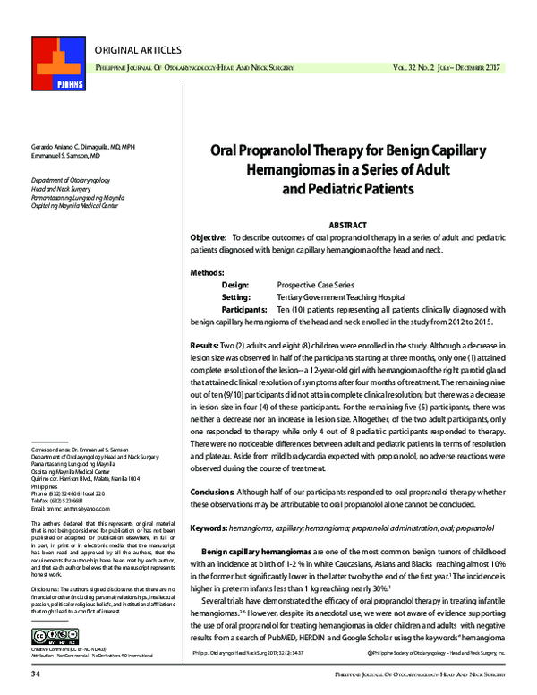 (PDF) Oral Propranolol Therapy for Benign Capillary Hemangiomas in a ...