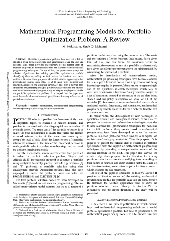 (PDF) Mathematical Programming Models For Portfolio Optimization Problem: A Review