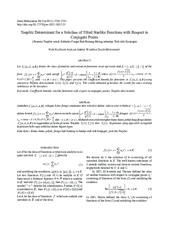 Pdf Toeplitz Determinant For A Subclass Of Tilted Starlike Functions With Respect To Conjugate