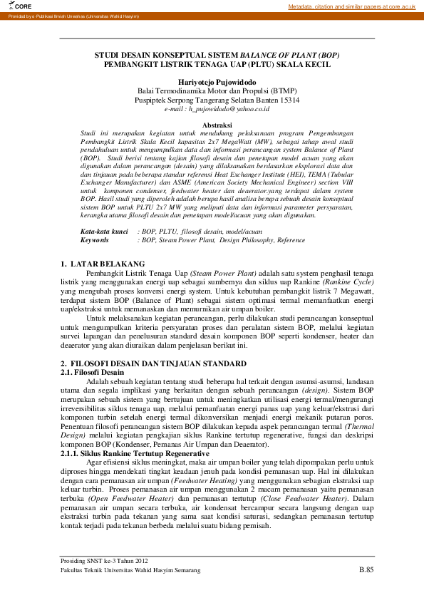 (PDF) Studi Desain Konseptual Sistem Balance of Plant (Bop) Pembangkit Listrik Tenaga Uap (Pltu ...