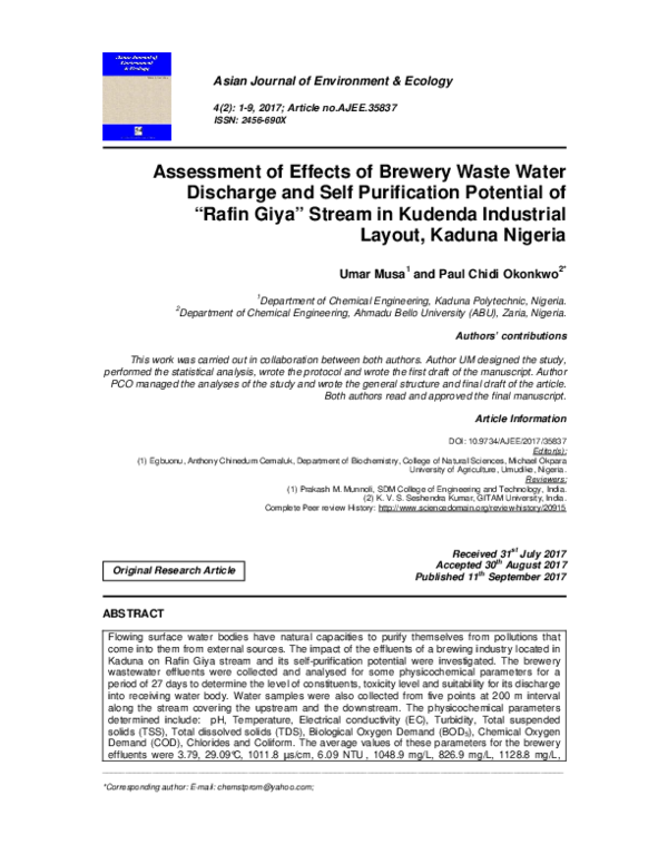 (PDF) Assessment of Effects of Brewery Waste Water Discharge and Self ...