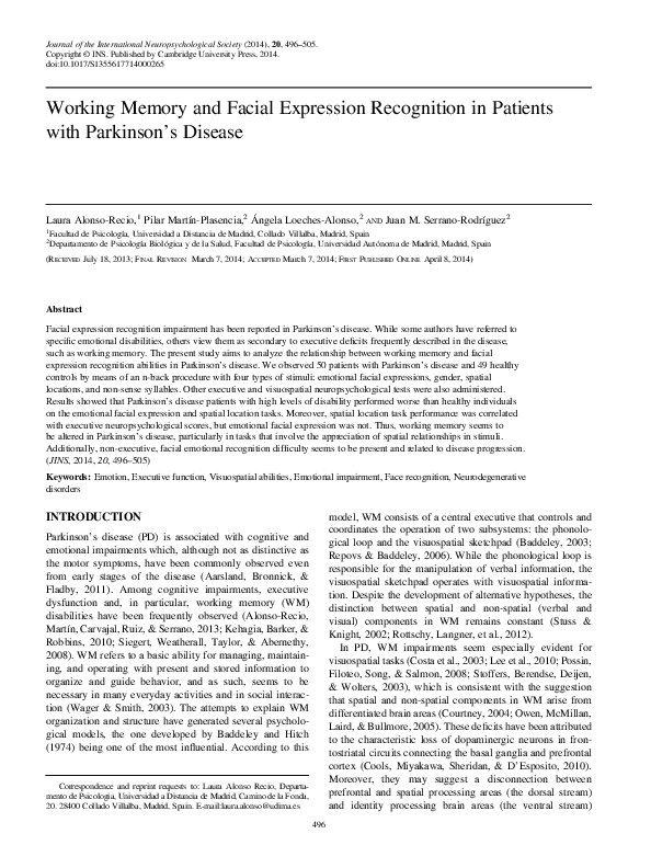 (PDF) Working Memory and Facial Expression Recognition in Patients with Parkinson’s Disease