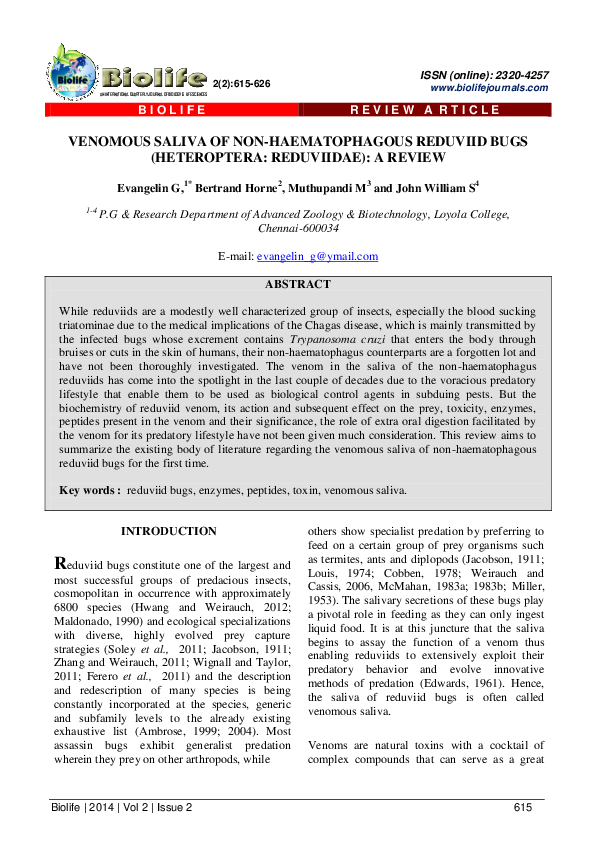 (PDF) VENOMOUS SALIVA OF NON-HAEMATOPHAGOUS REDUVIID BUGS (HETEROPTERA ...
