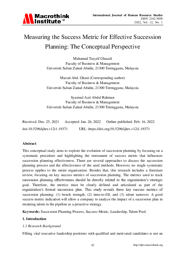 (PDF) Measuring the Success Metric for Effective Succession Planning ...